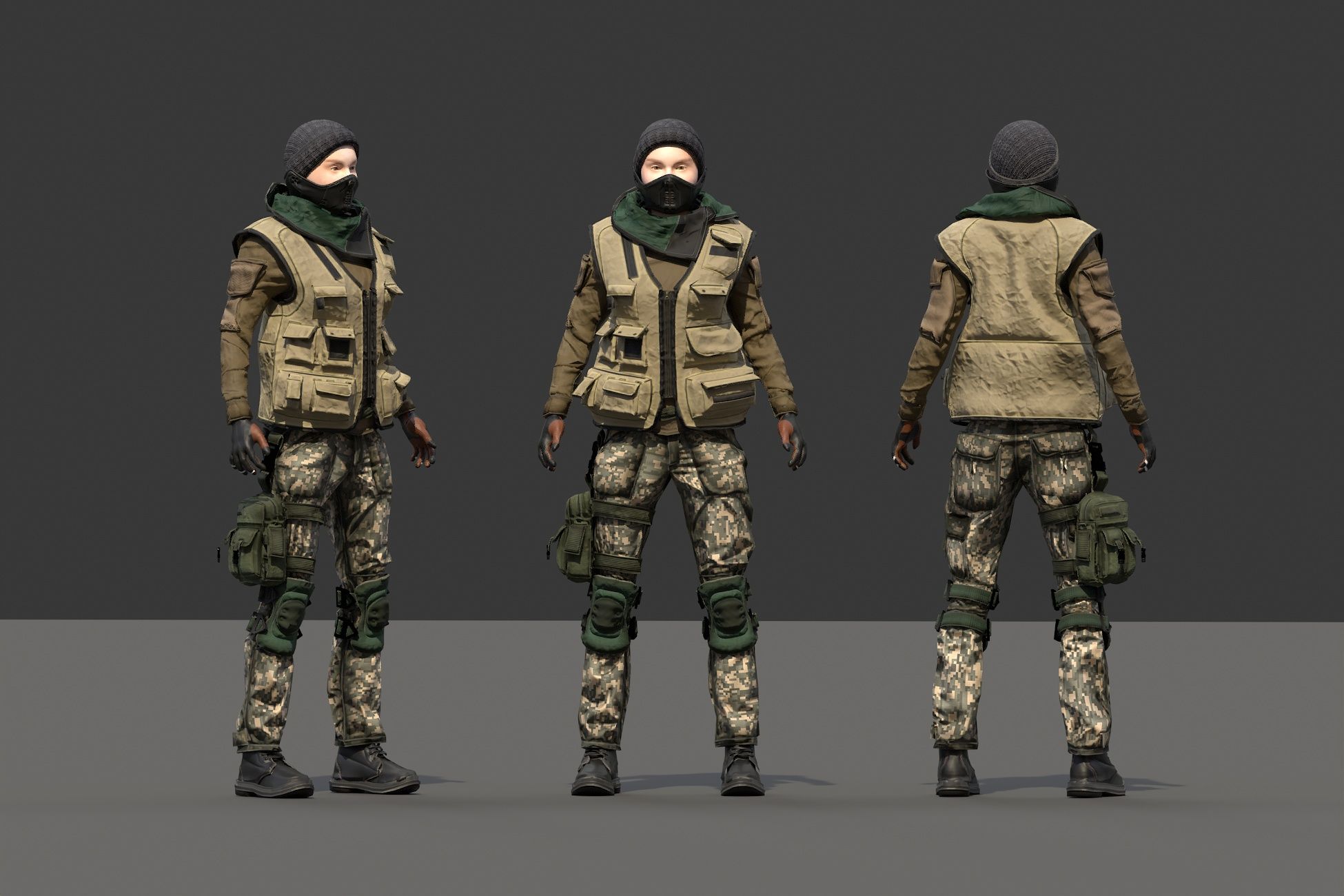 Fighter woman with military kneepads and leg bag | Characters | Unity Asset Store