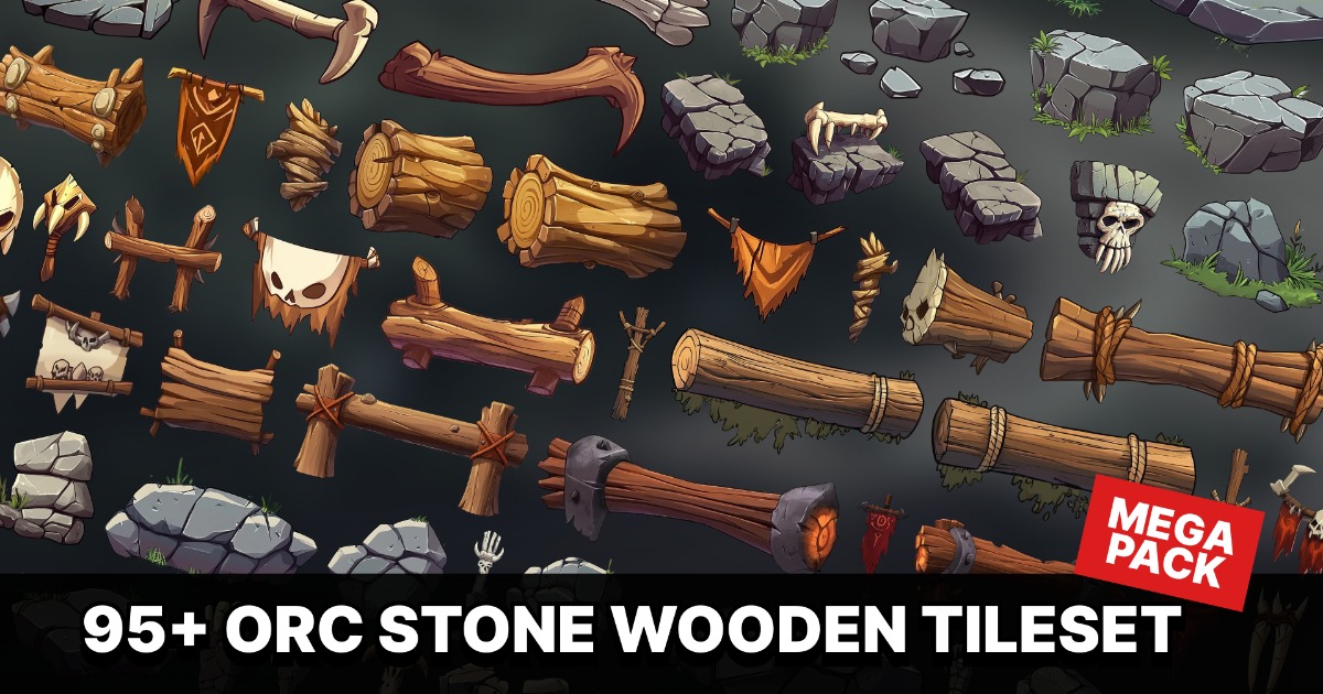 2D Stylized hand painting fantasy orc stone wooden tileset spritesheet ...