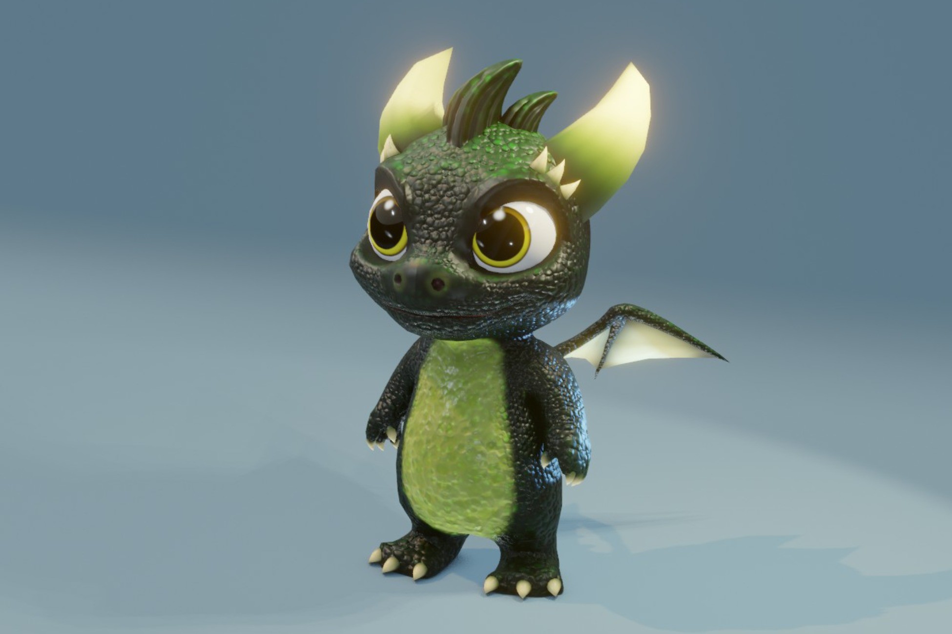 Cartoon Dark Green Baby Dragon 3D Model (Low-Poly, Game-Ready, Built-In ...