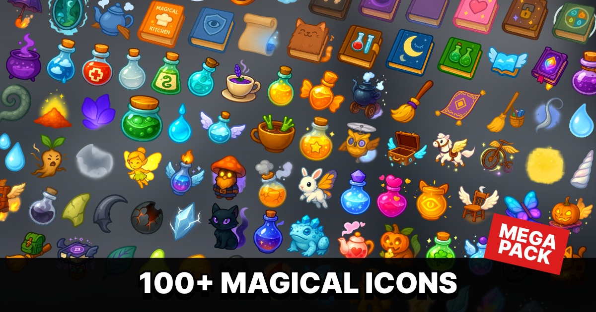 Magical Potion, Books, and Witchcraft Icons Pack Fantasy, Magic Assets ...