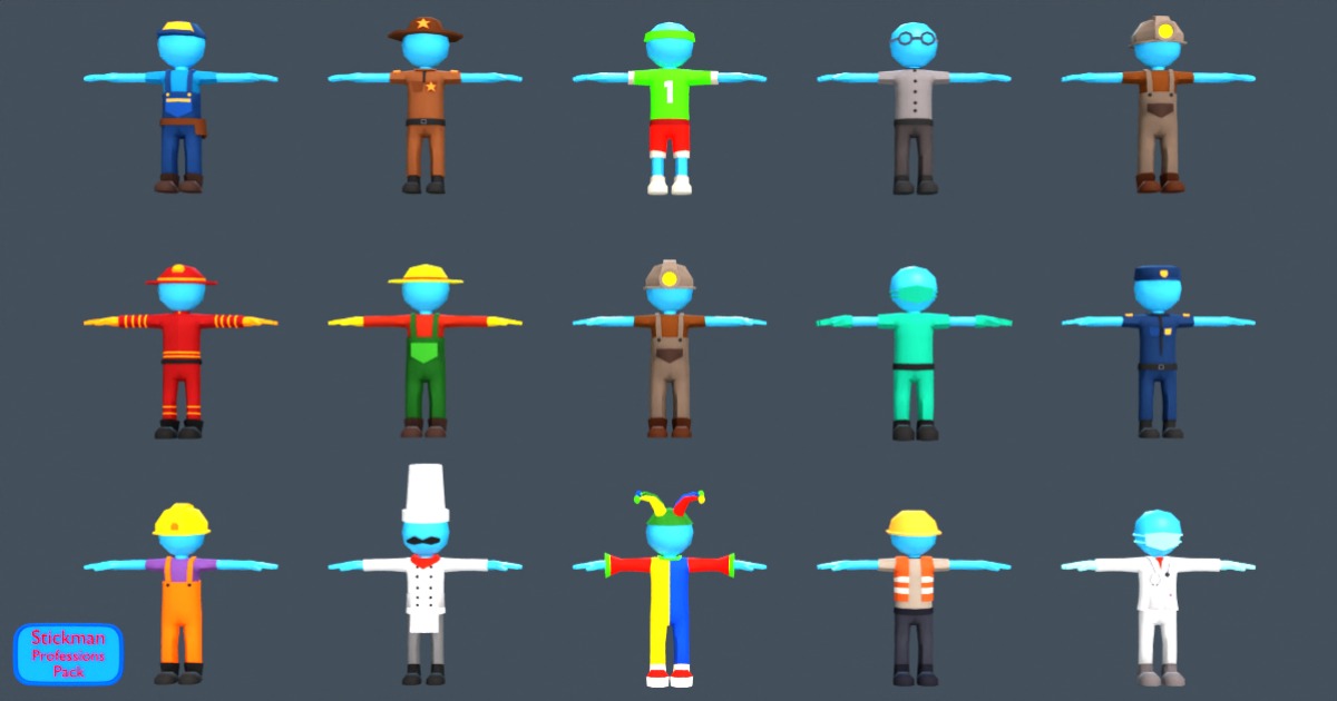 Lowest Polygon Stickman Professions Pack | 3D Characters | Unity Asset ...