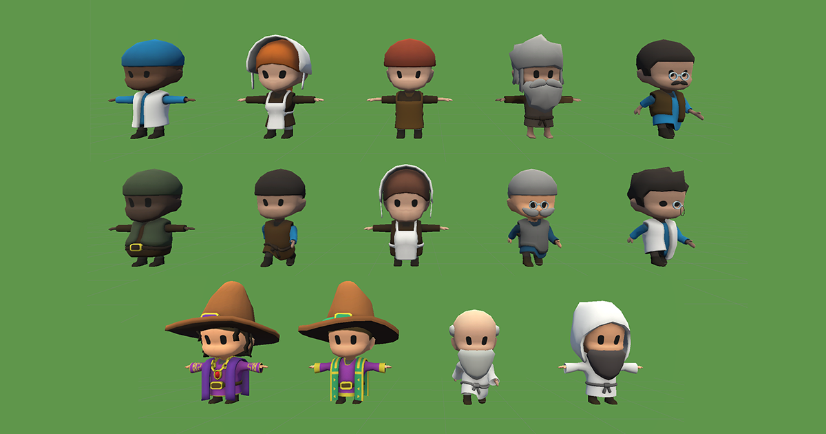 Stylized rigged low-poly medieval villagers, monks and mages characters ...
