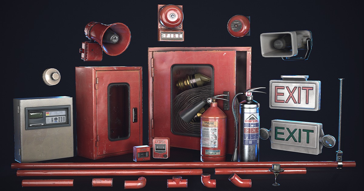 Fire Safety Equipment Props Pack – Extinguishers, Alarms, modular pipes ...