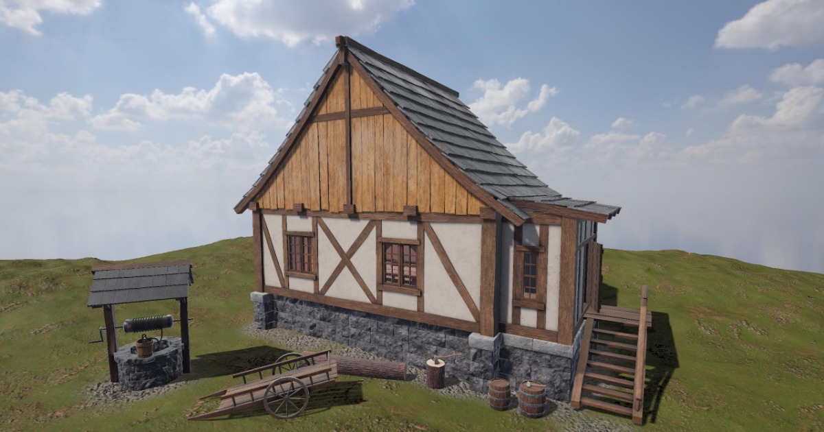 Medieval cottage, house, village with interior & furnitures, water well ...