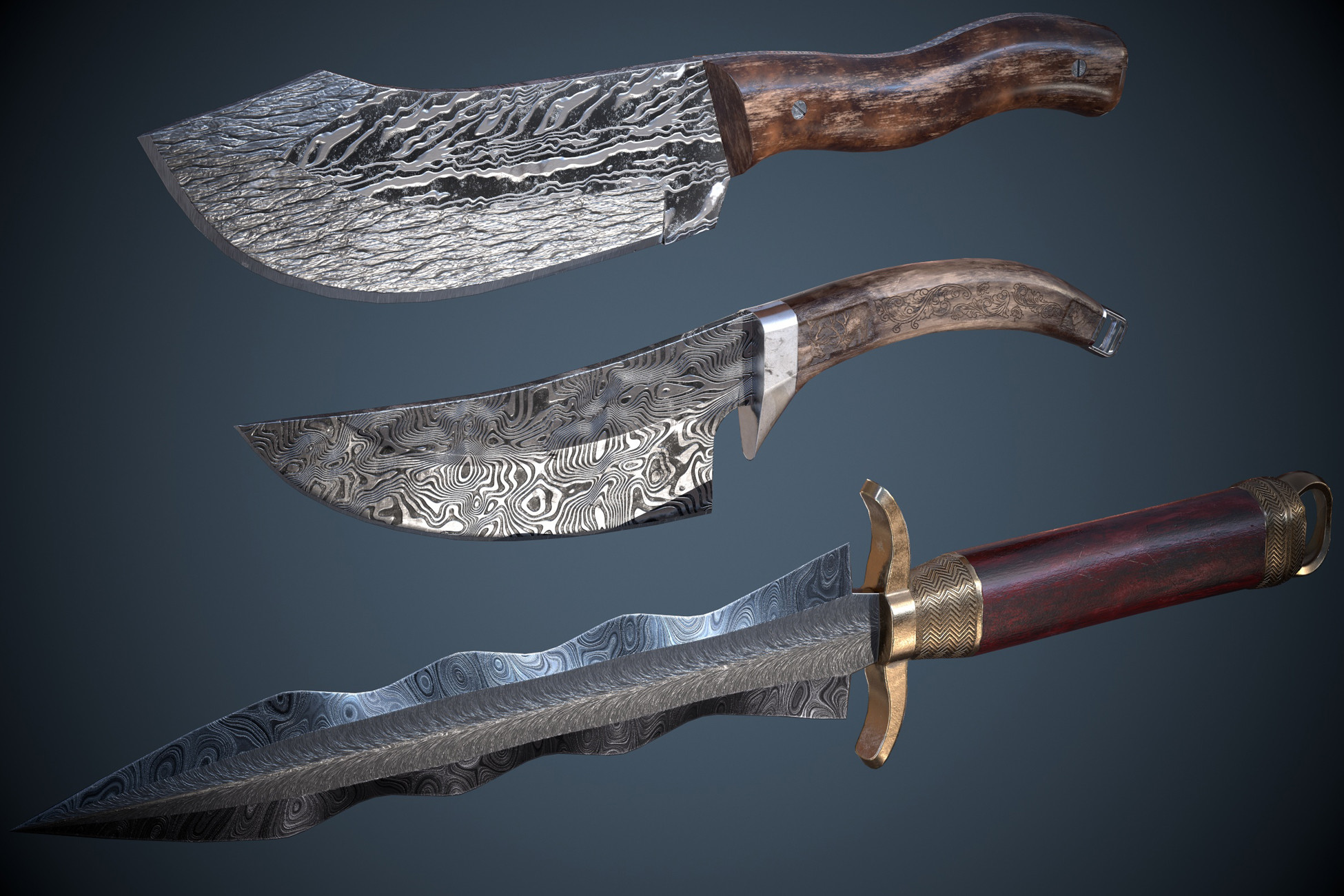 Damascus Steel Knives Vol2 | 3D Weapons | Unity Asset Store