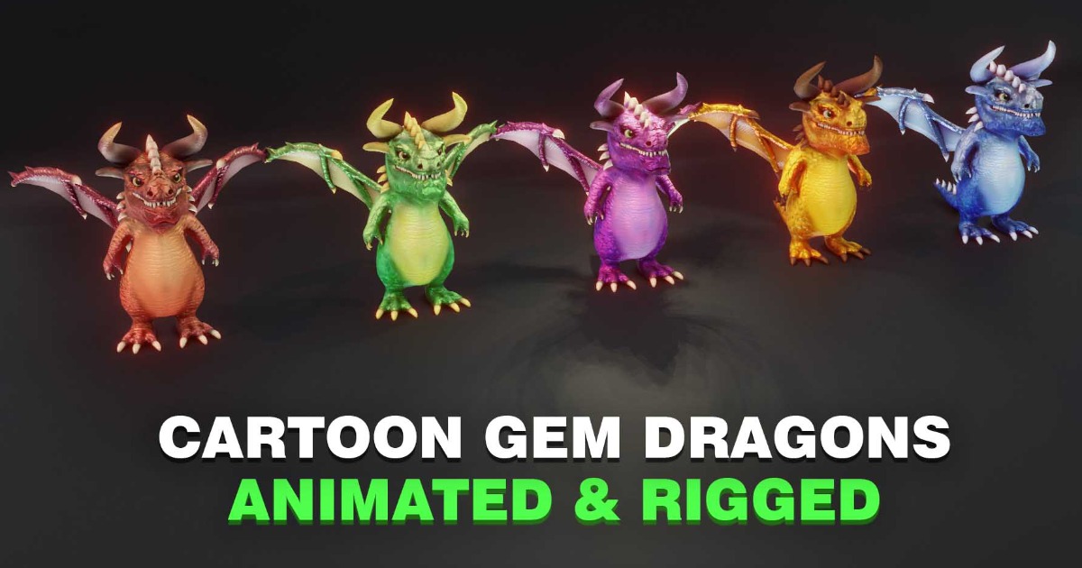 Cartoon Gem Dragons Pack 3D Model (Low-Poly, Game-Ready, Animated ...