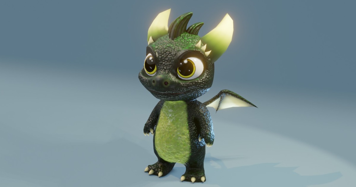 Cartoon Dark Green Baby Dragon 3D Model (Low-Poly, Game-Ready, Built-In ...