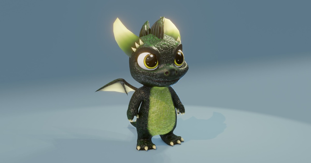 Cartoon Dark Green Baby Dragon 3D Model & 5 Music Tracks & 36 Sound ...
