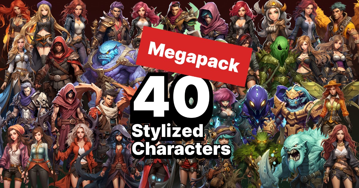 40 unique fantasy cartoon stylized male and female characters drawn ...