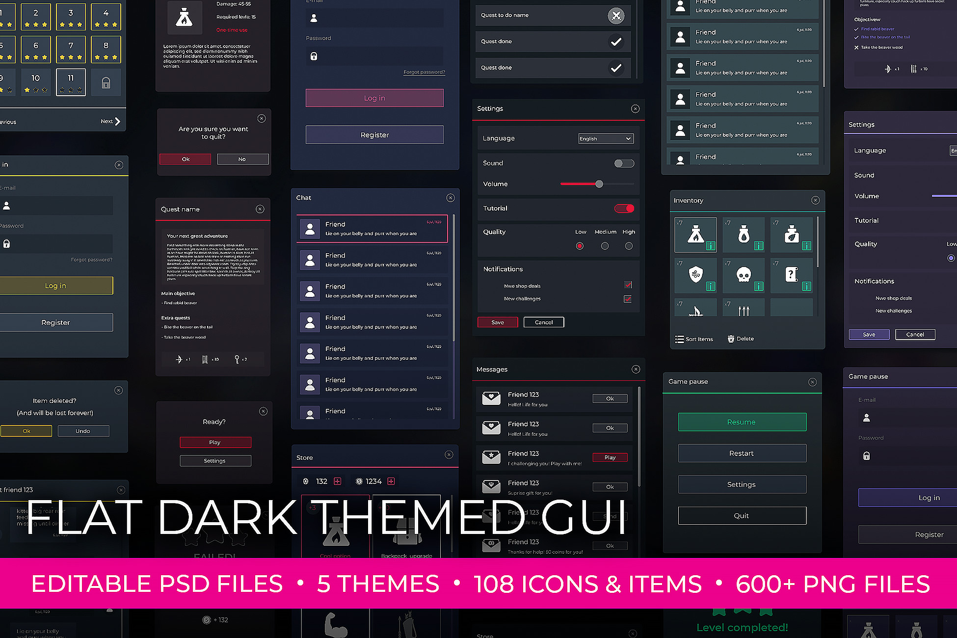 Flat Dark Themed GUI / UI Kit - over 600 PNG ! | 2D GUI | Unity Asset Store