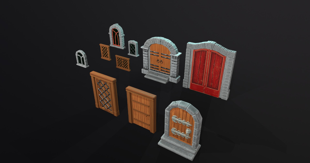 Stylized doors and windows 3D hand-painted fantasy medieval props pack ...