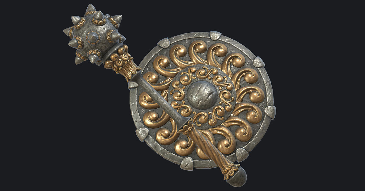 Fantasy morgenstern and round shield PBR | 3D 武器 | Unity Asset Store