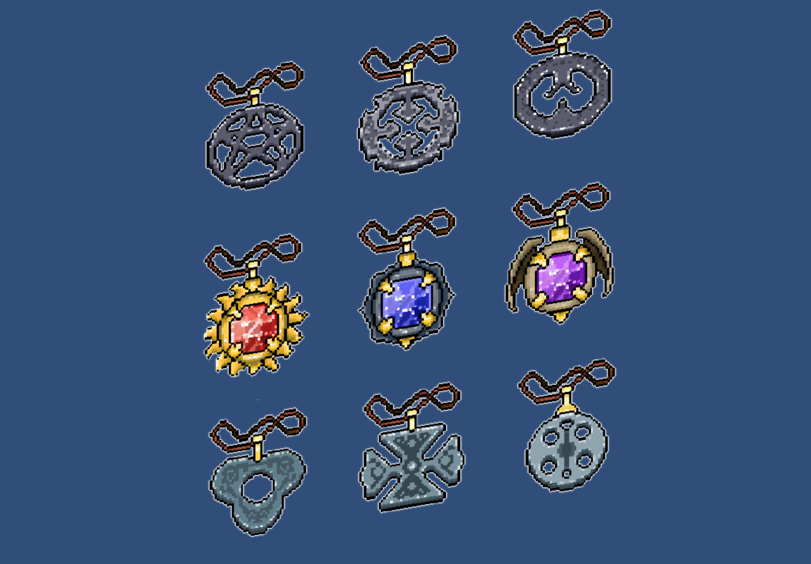 2D Amulets Icons Pixel Art