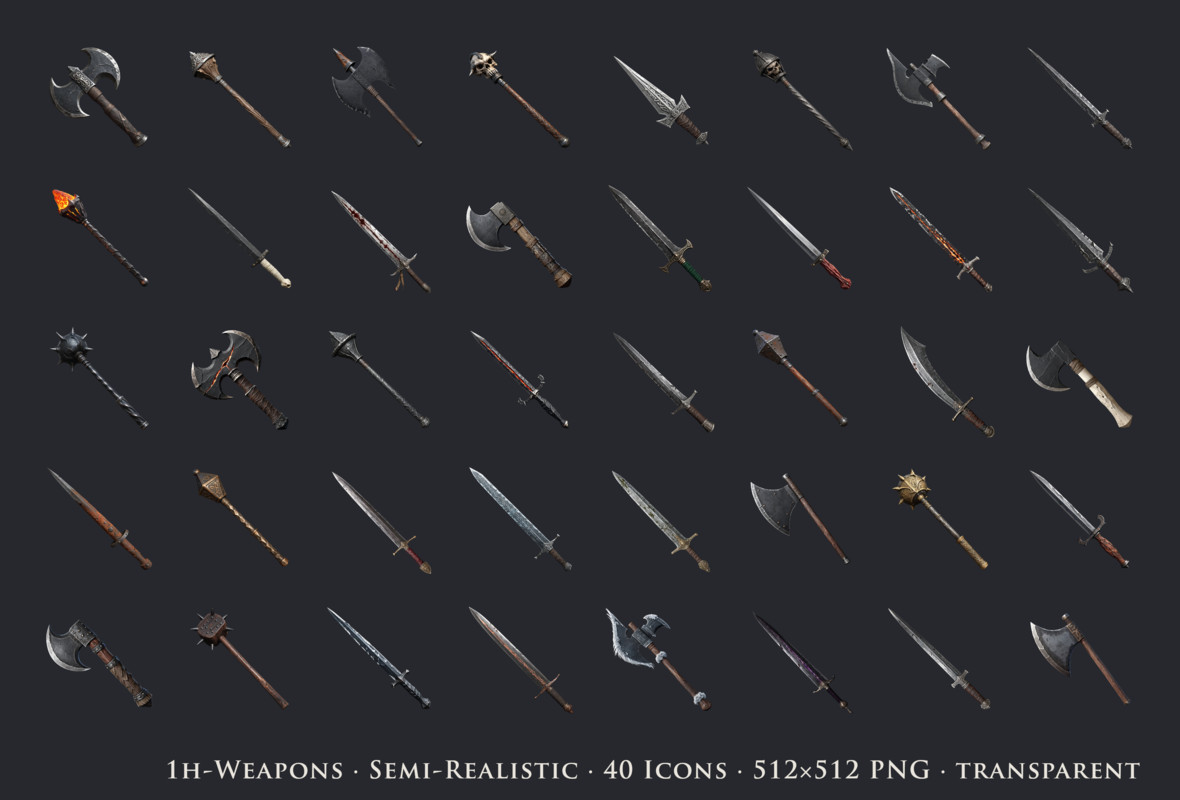 One-Handed Weapons - 40 Semi-Realistic Icons [512x512 HD]