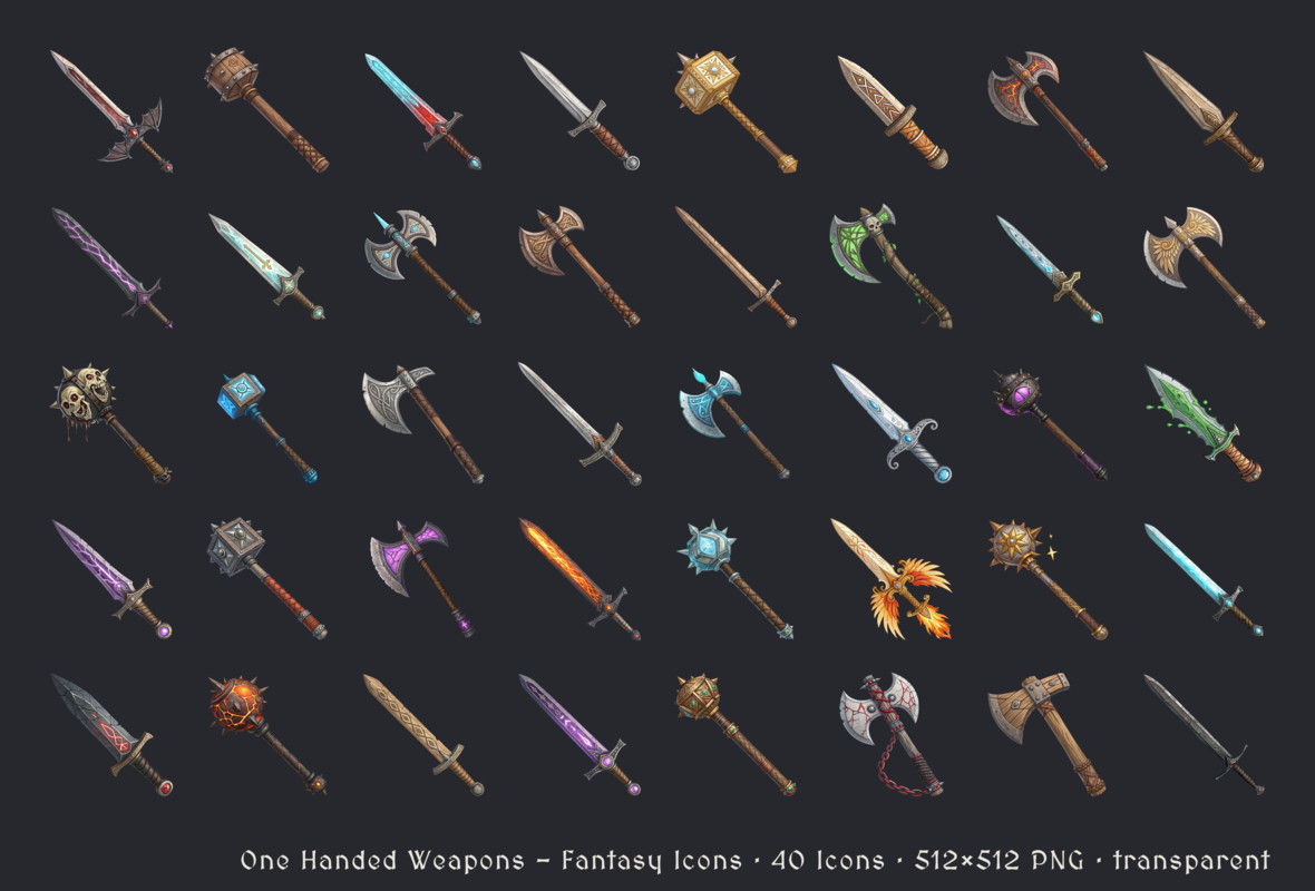 One-Handed Weapons - 40 Fantasy Icons [512x512 HD]
