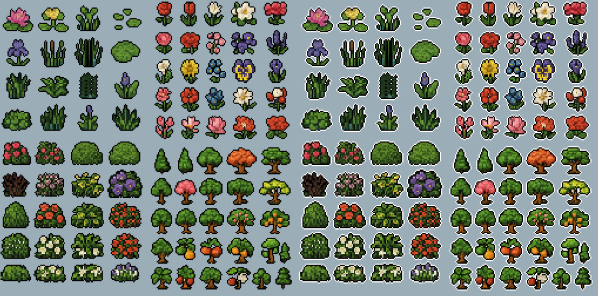2D pixel-art trees and flowers by ysingx
