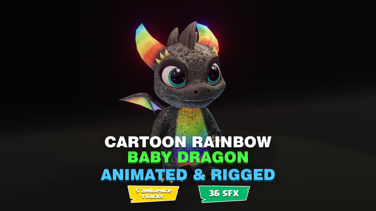 Cartoon Rainbow Dragon 3D Model (Low-Poly, Game-Ready, Animated, Built-In)